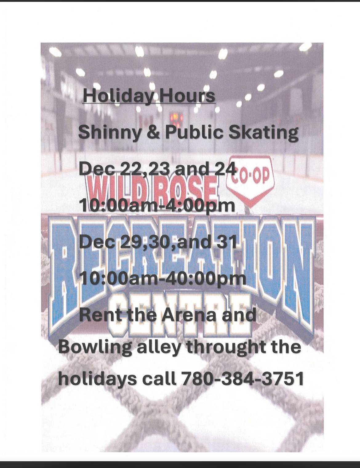 Wildrose Coop Recreation Centre Holiday Hours - The Town of Sedgewick ...